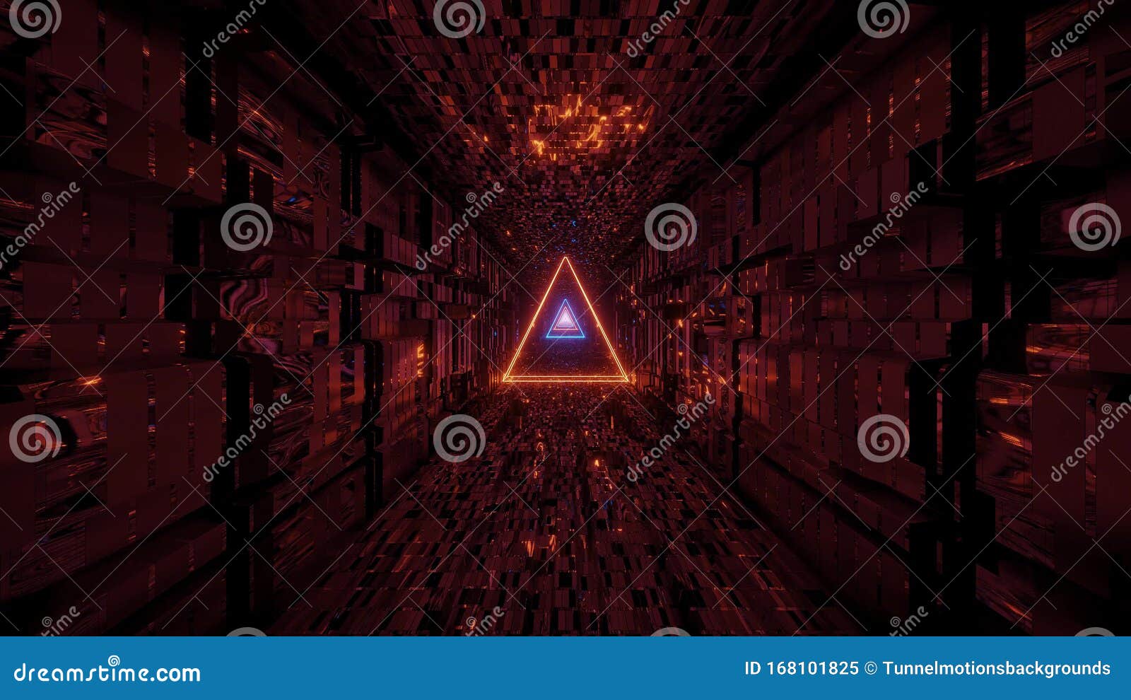 Glowing Wire-frame Triangle with Technical Reflective Tunnel Corridor ...