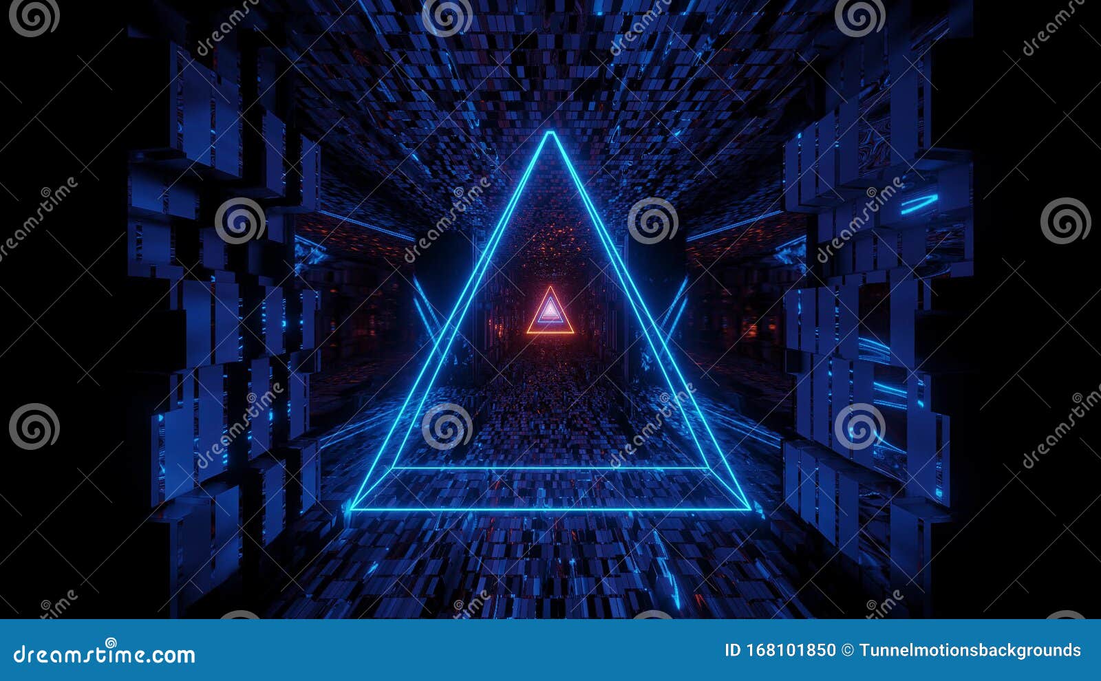 Glowing Wire-frame Triangle with Technical Reflective Tunnel Corridor ...