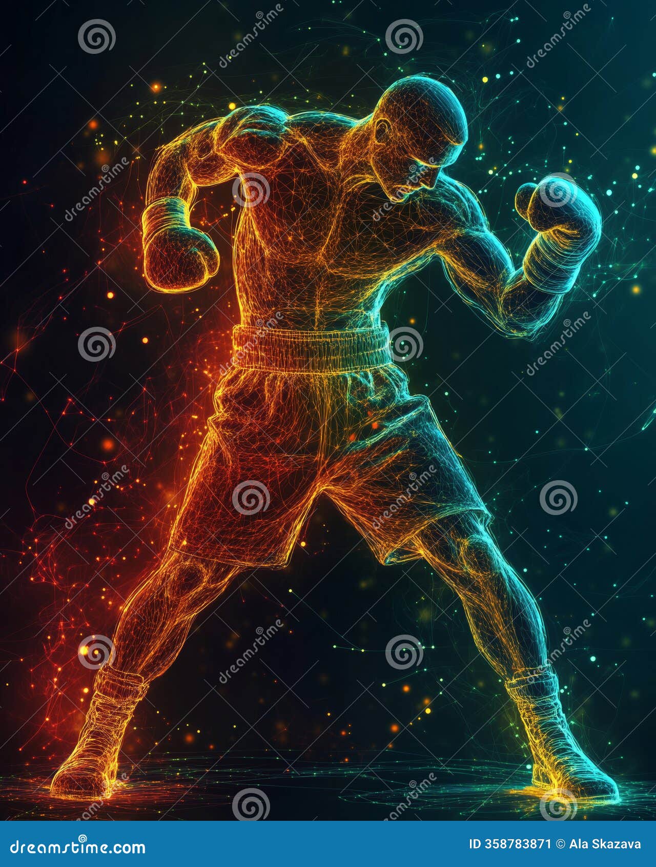 A Glowing Wireframe Figure of a Boxer Captured in a Powerful Fighting ...