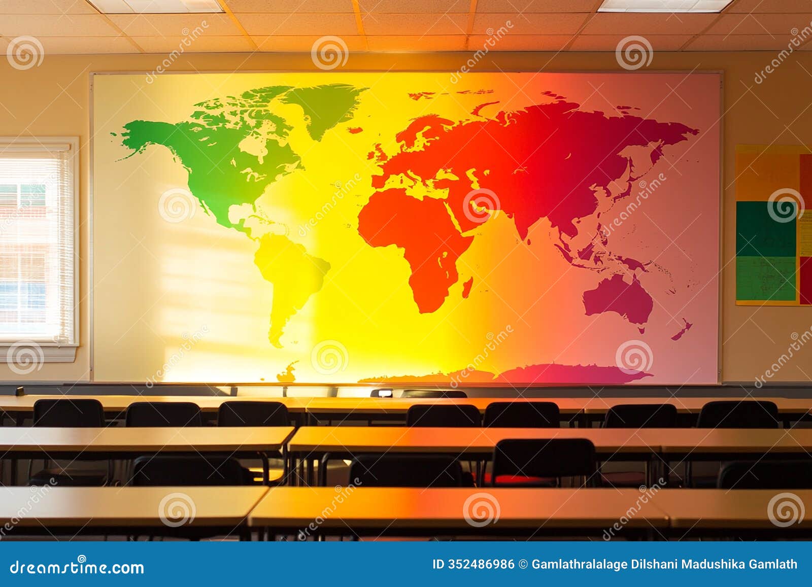 A Glowing World Map on a Classroom Wall Surrounded by Vibrant Elements ...