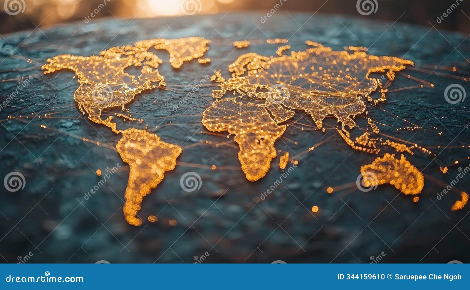 A Glowing World Map Above A Cityscape Illuminated At Night, Symbolizing ... A Glowing World Map Above A Cityscape Illuminated At Night, Symbolizing ...