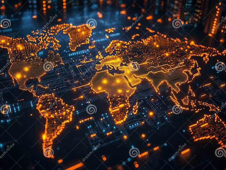Glowing World Map with Tech Elements, Showcasing Global Connections ...