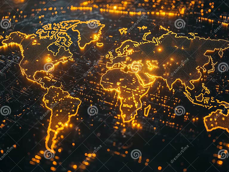 Glowing World Map with Tech Elements, Showcasing Global Connections ...