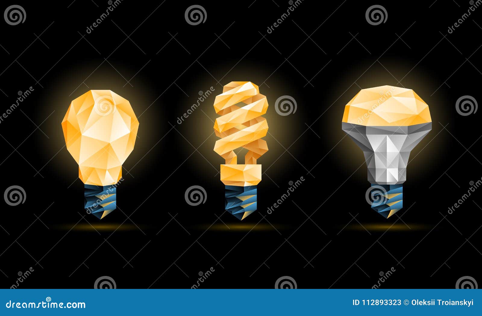 Glowing Yellow 3d Low Poly Light Bulbs Model Set. Stock Vector ...