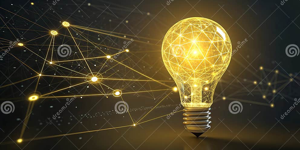 Futuristic Yellow Light Bulb Glowing with Technology and Innovation Concepts Stock Illustration ...