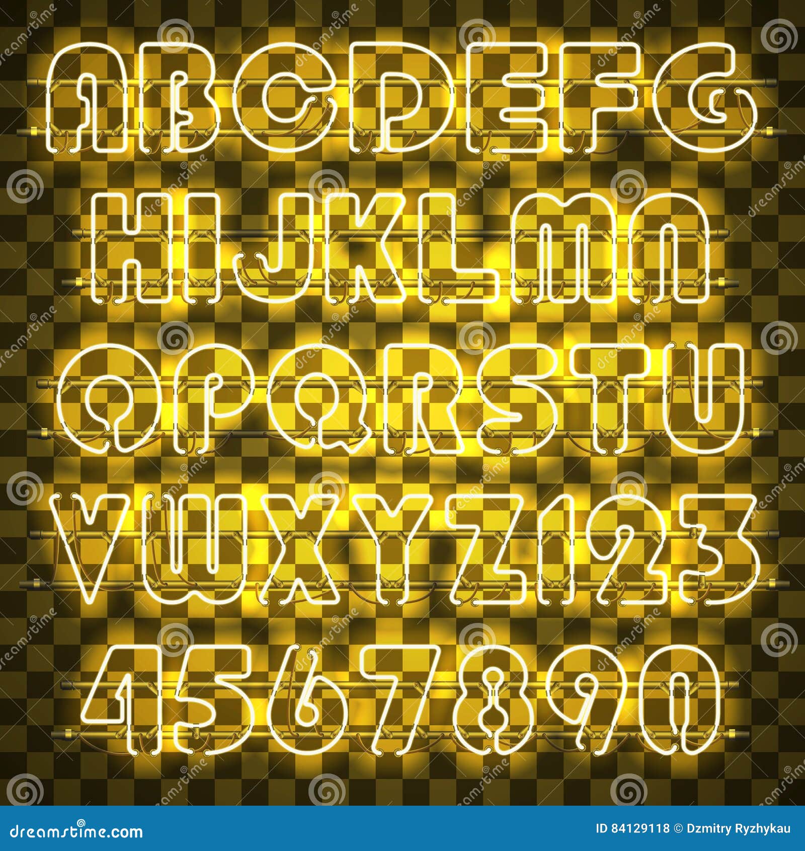 Glowing Yellow Neon Alphabet And Digits Stock Vector Illustration Of