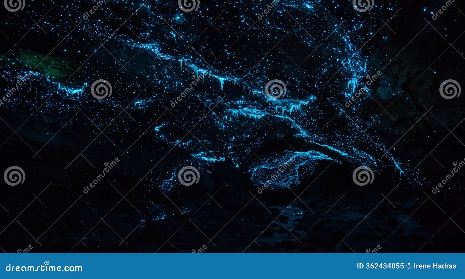 Glowworms Hang From Cave Ceiling. Bright Blue Light Illuminating Dark ...