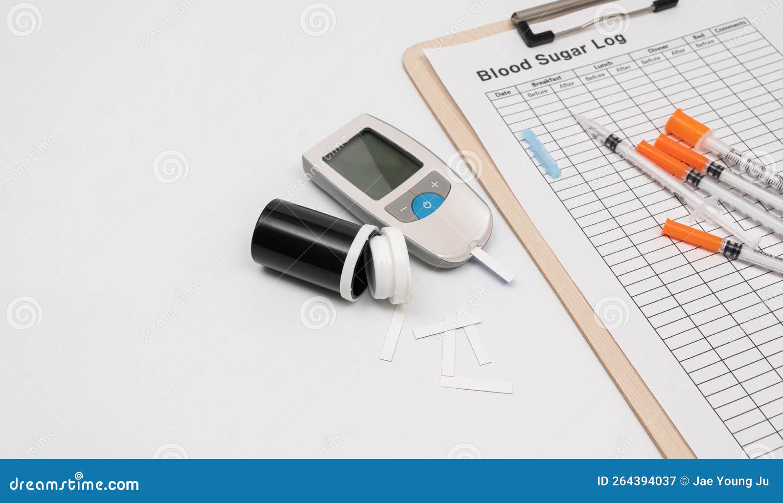 Glucometer and Insulin Syringe, Lancing Device Tester Strip. on White ...