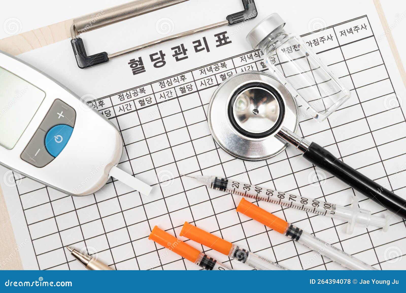 Glucometer and Insulin Syringe, Lancing Device Tester Strip. on White ...