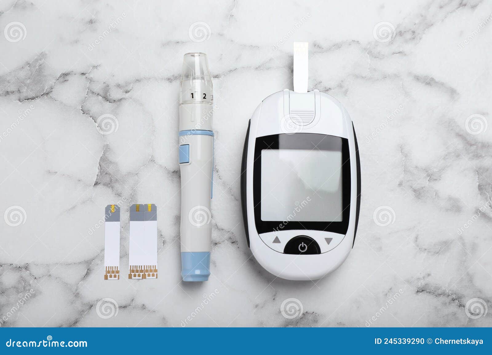 Glucometer, Lancet Pen and Strips on White Marble Table, Flat Lay ...