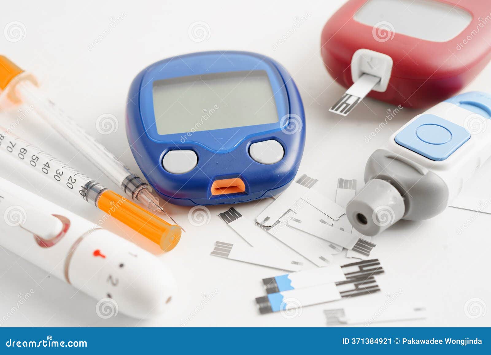 Glucometer, Lancet Pen And Strips On White Background, Top View ...