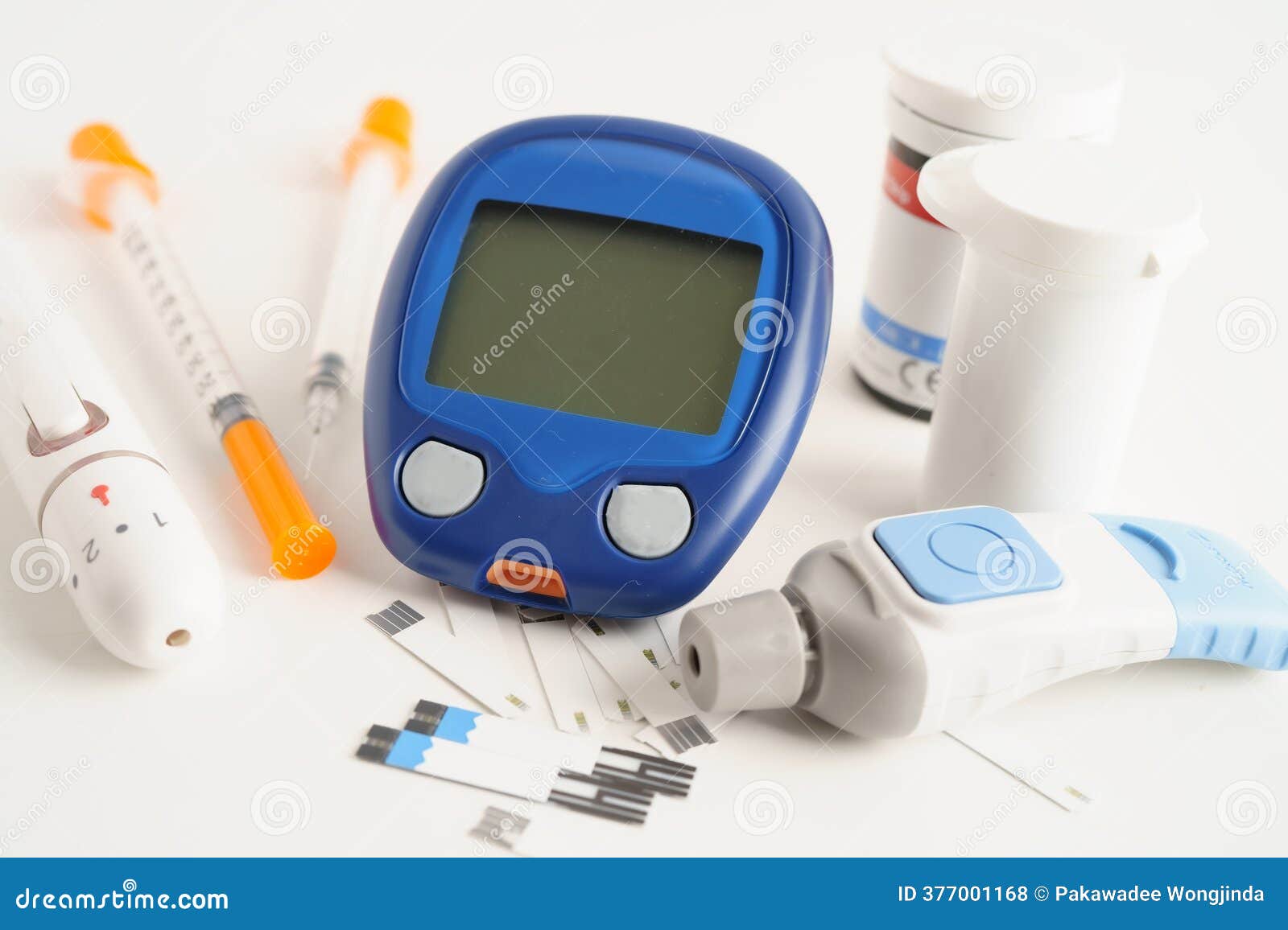 Glucometer, Lancet Pen And Strips On White Background, Top View ...
