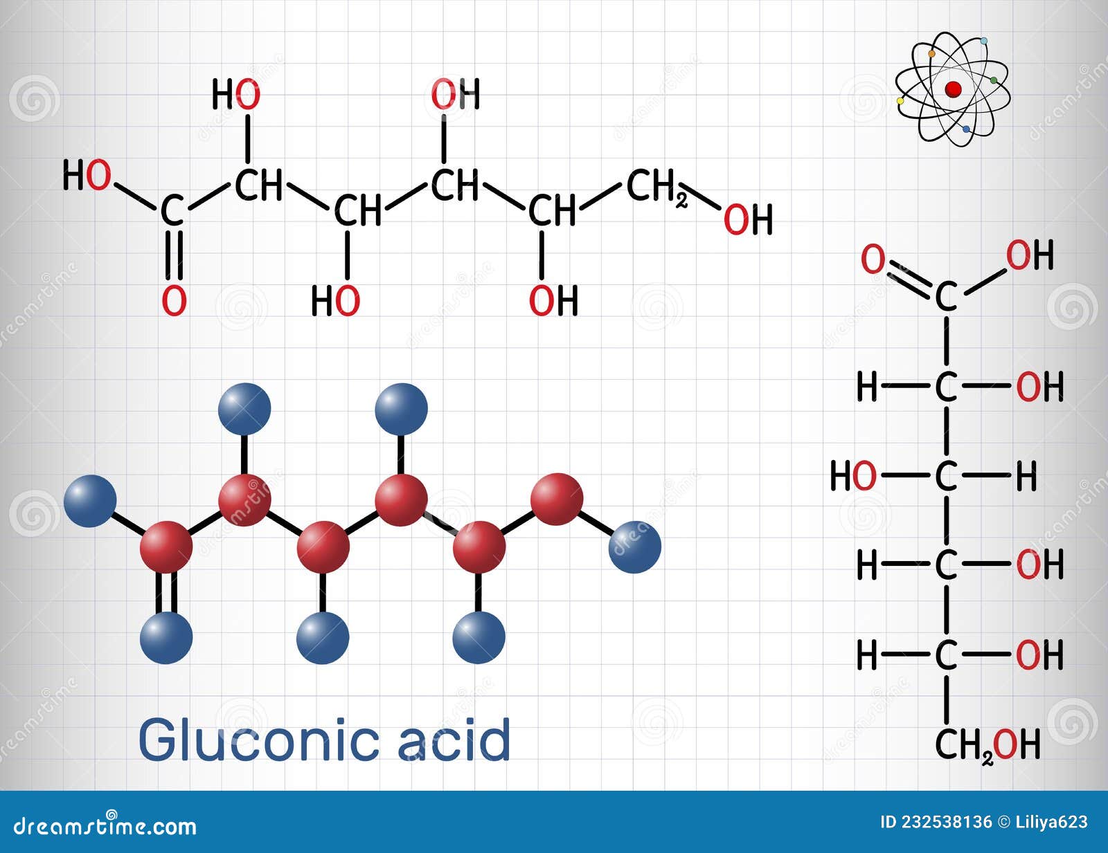 Gluconic Acid, C6H12O7 Molecule. it is PHA, Polyhydroxy Acid. the Salt ...