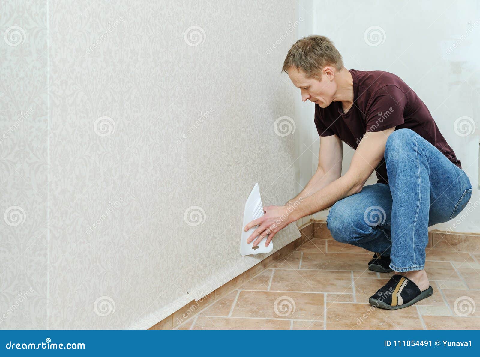 Glueing Wallpapers at Home. Stock Image - Image of repair, holding ...