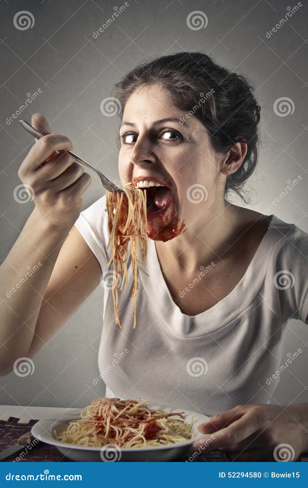 Gluttony stock photo. Image of fork, woman, pasta, eating - 52294580