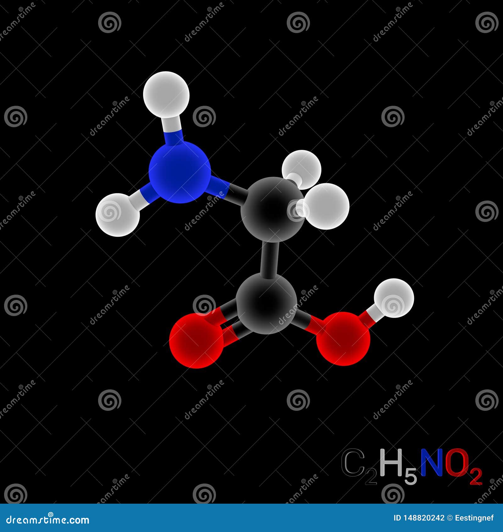 Glycine Model Molecule. Isolated on Black Background. Luminance Effect ...