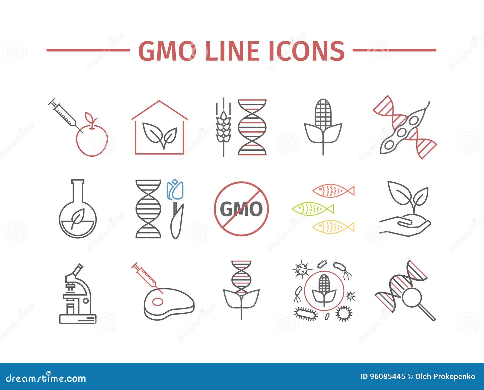 GMO. Genetically Modified Organism. Line Icons Set Stock Illustration ...