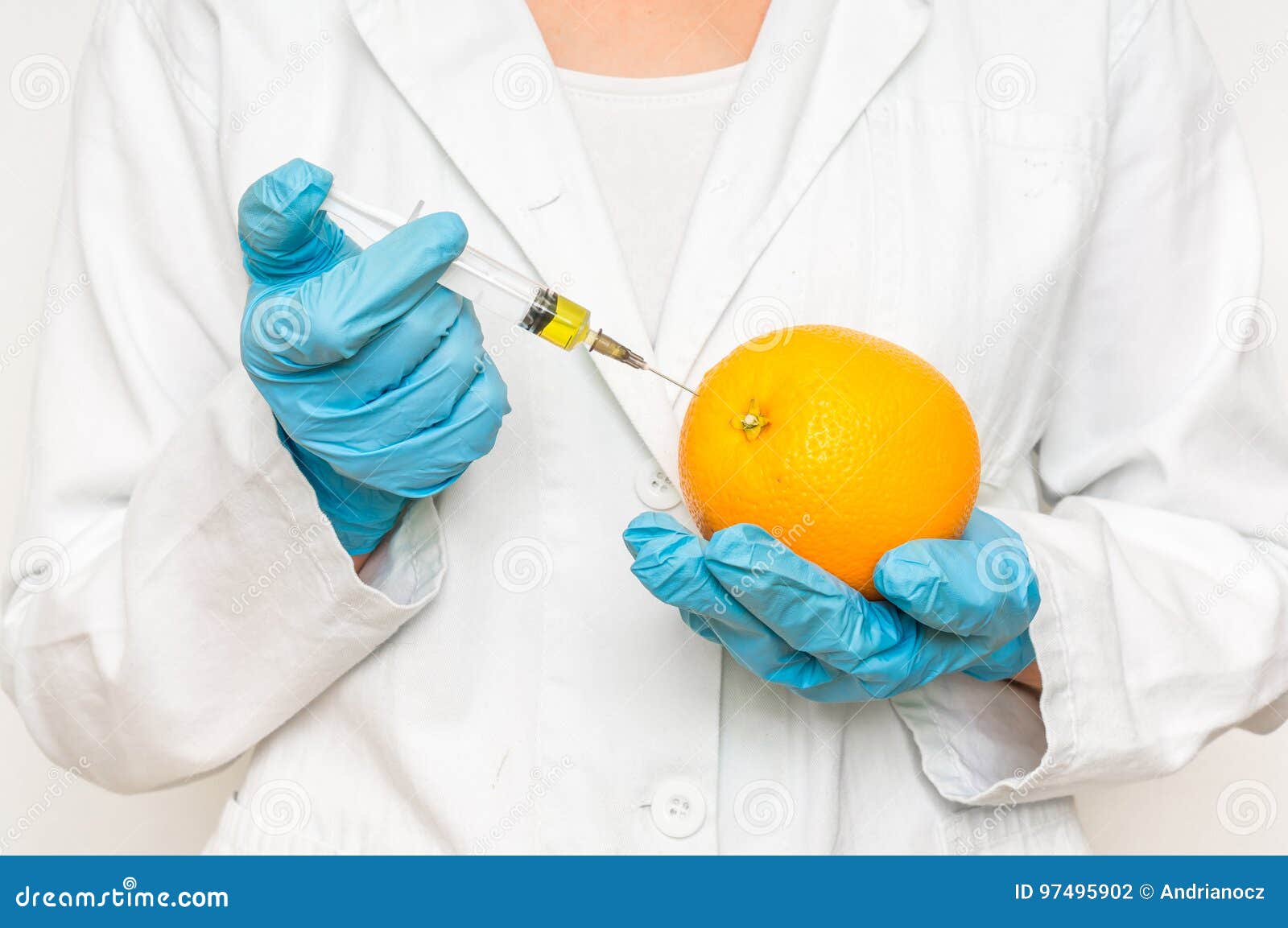 GMO Scientist Injecting Liquid from Syringe into Orange Stock Photo ...