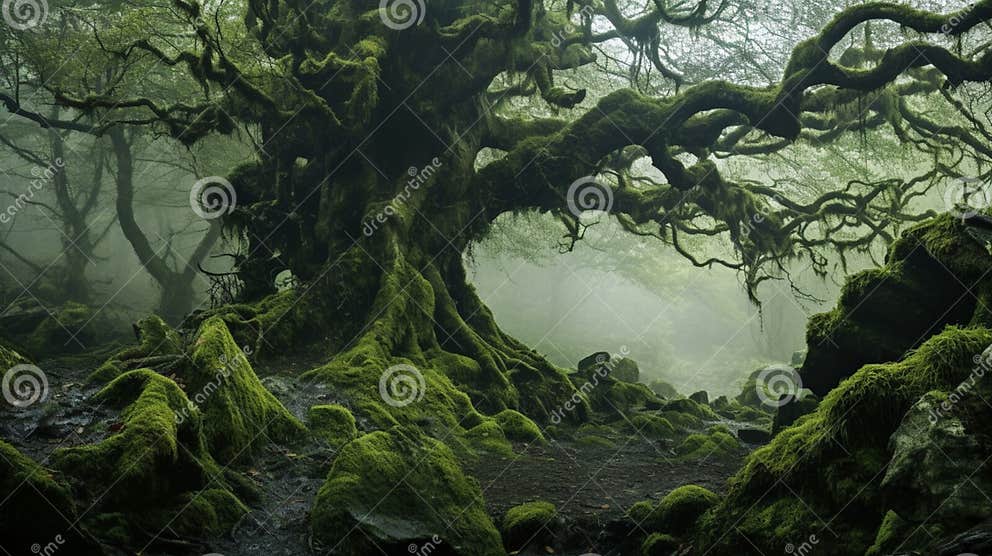 A Gnarled and Ancient Tree with Moss-covered Bark in a Mystical Forest ...