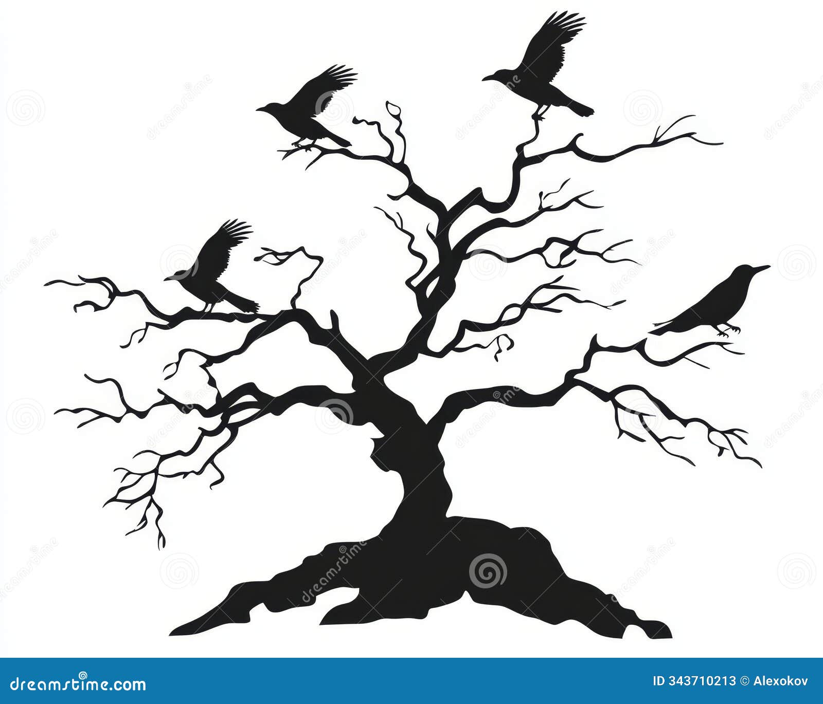 Gnarled Tree with Crows in Flat Black Style, Isolated on White ...
