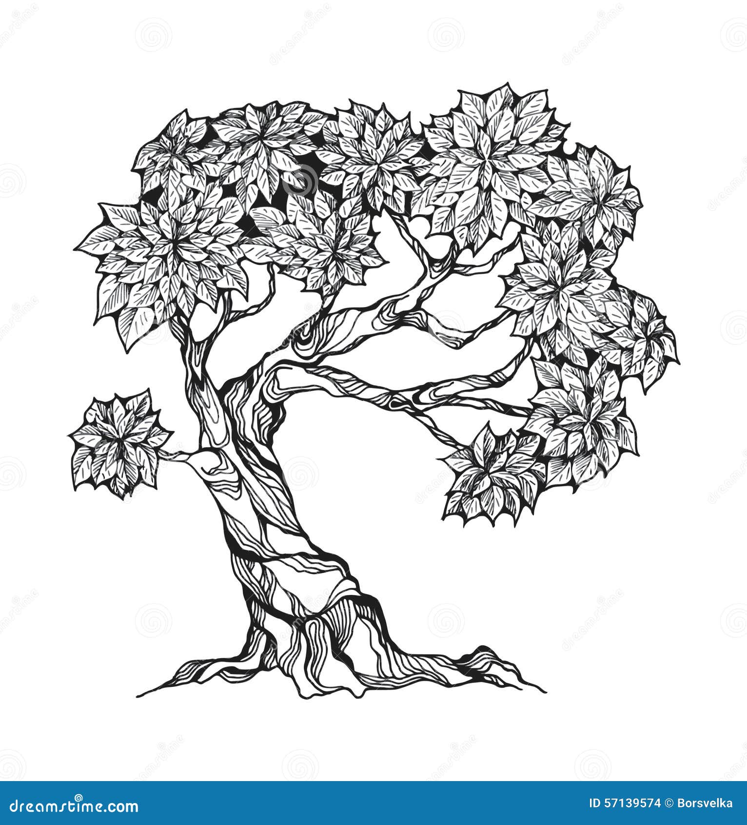 Gnarled tree with leaves stock vector. Illustration of ornament - 57139574
