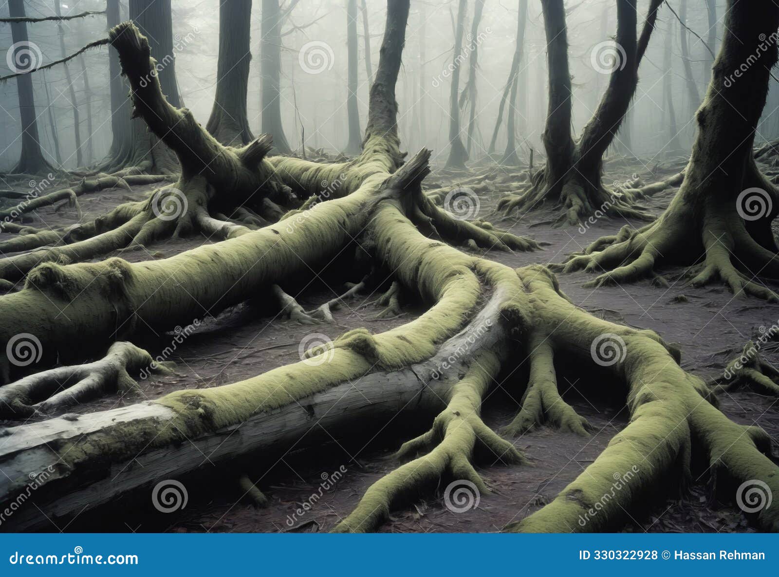 Gnarled Tree Roots and Fallen Logs in a Misty Forest Stock Illustration ...