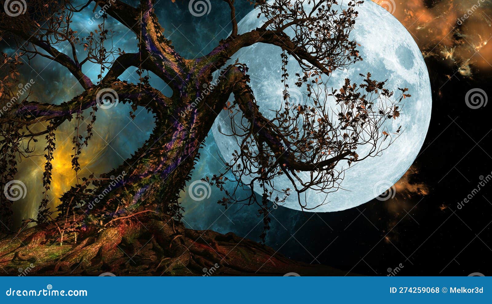 Gnarly tree and a moon stock illustration. Illustration of autumn ...
