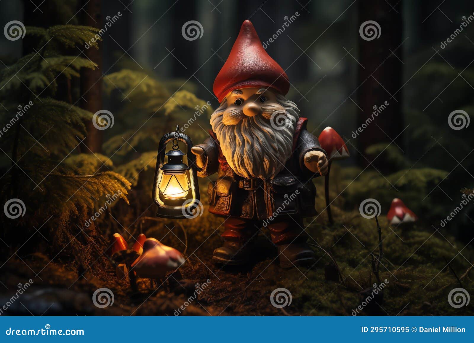 Gnome with a Lantern Exploring a Forest at Night in Fantasy World Stock ...