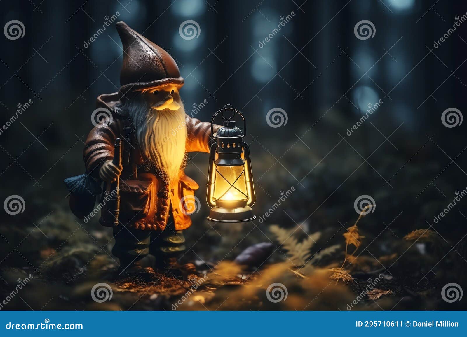 Gnome with a Lantern Exploring a Forest at Night in Fantasy World Stock ...