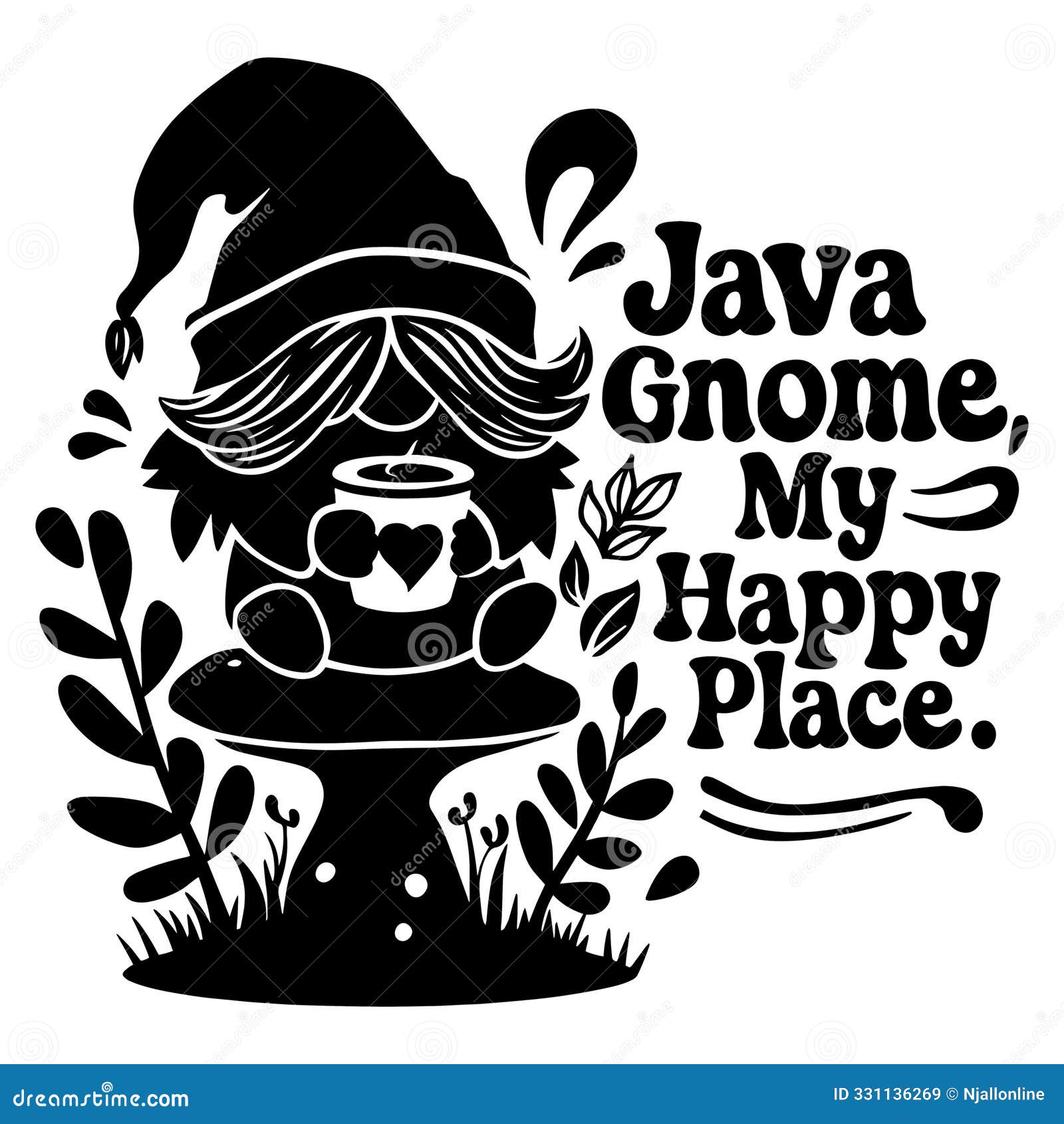 Gnome on Mushroom with Coffee and "Java Gnome, My Happy Place" Text ...