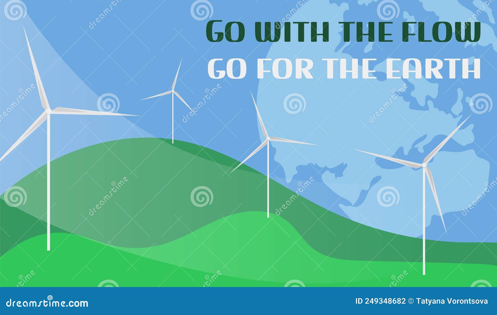 Go with the Flow Vector Illustration with Wind Turbines, Landscape and ...