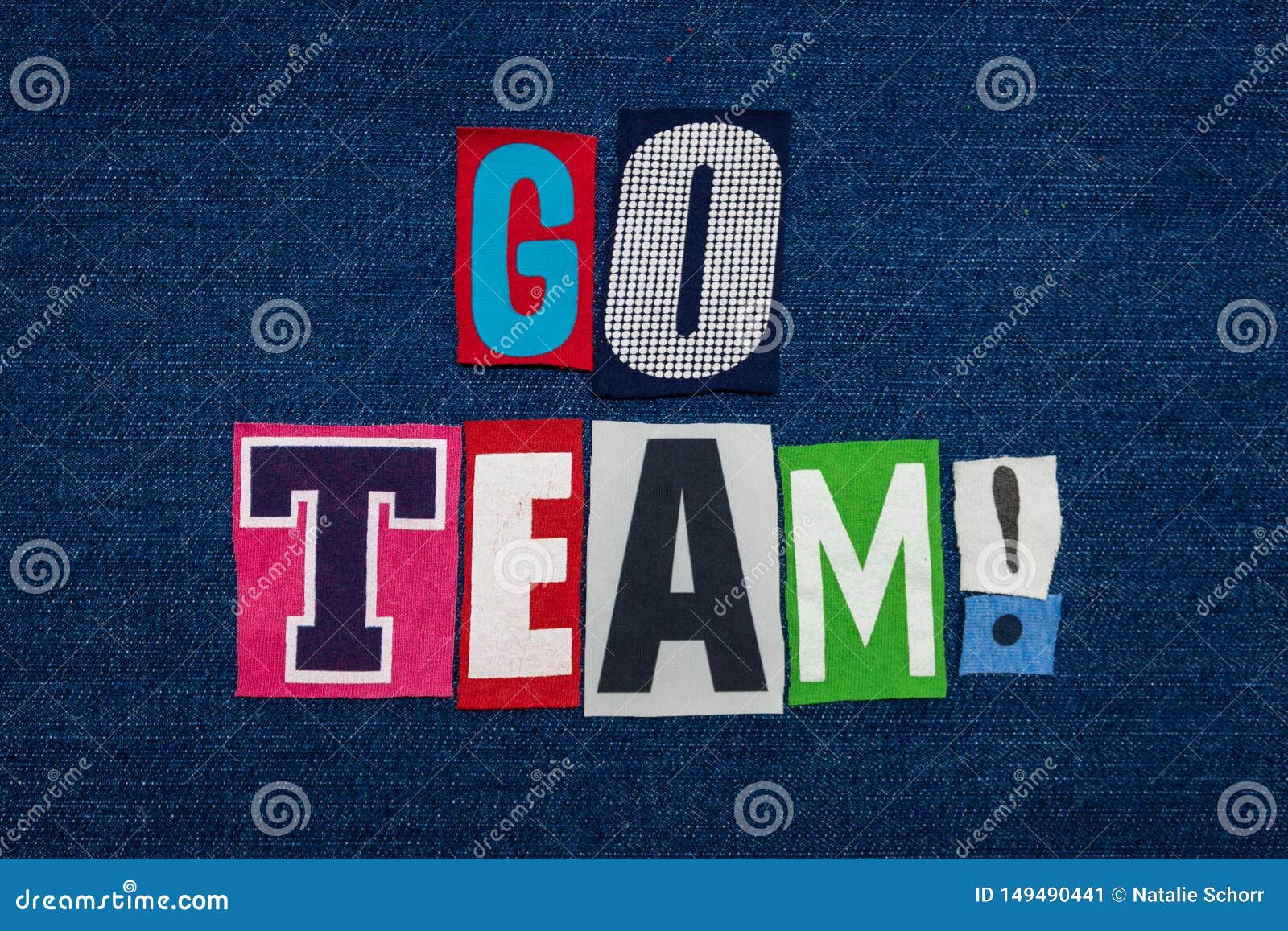 GO TEAM Text Word Collage, Multi Colored Fabric on Blue Denim, Teamwork ...