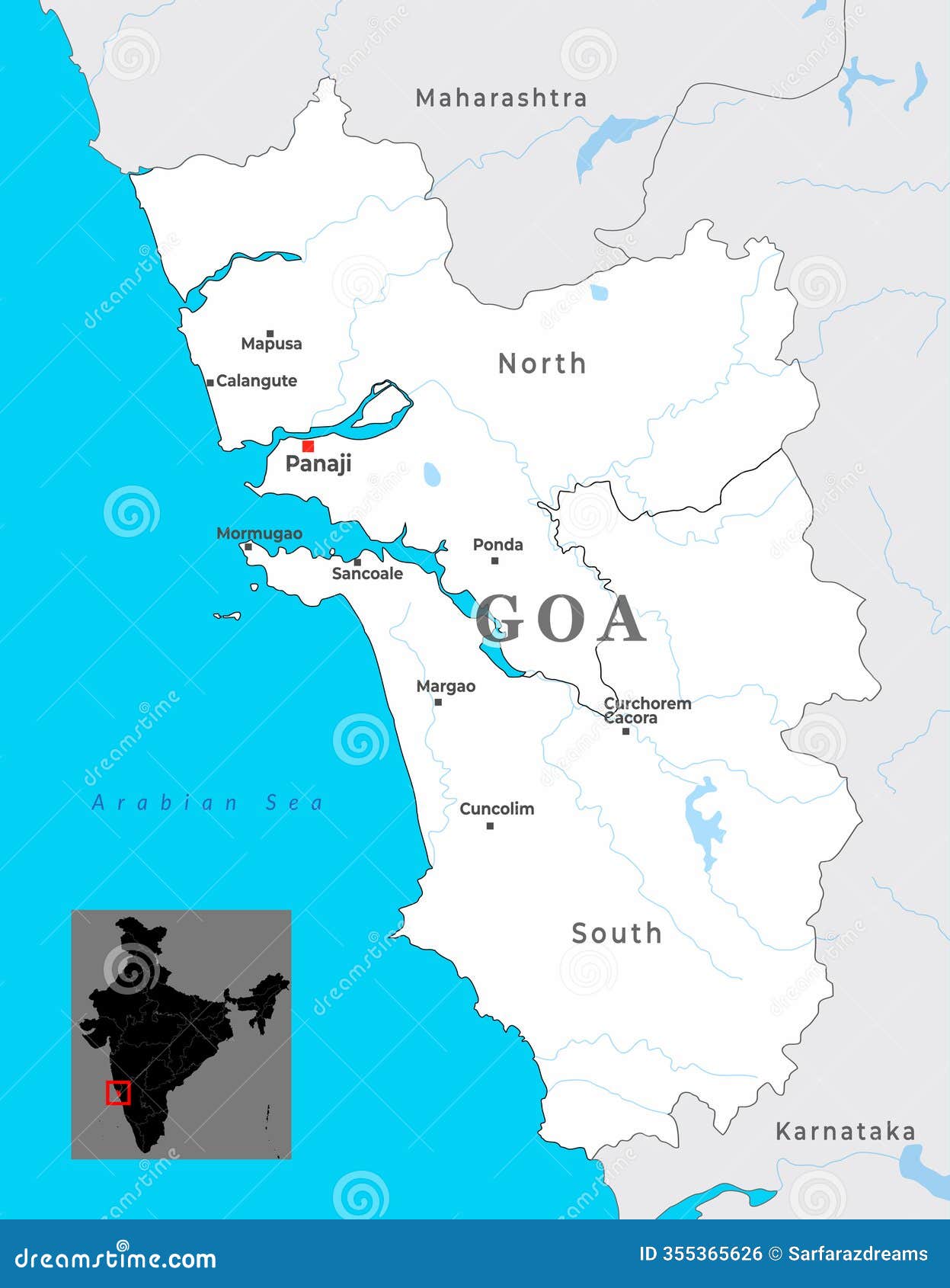 Goa District Map with Capital Panaji, State of India Stock Illustration ...