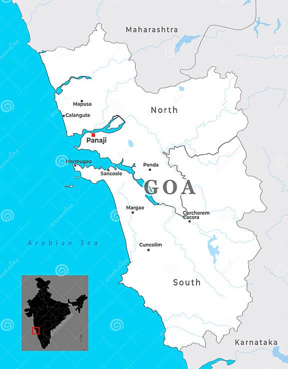 Goa District Map with Capital Panaji, State of India Stock Illustration ...