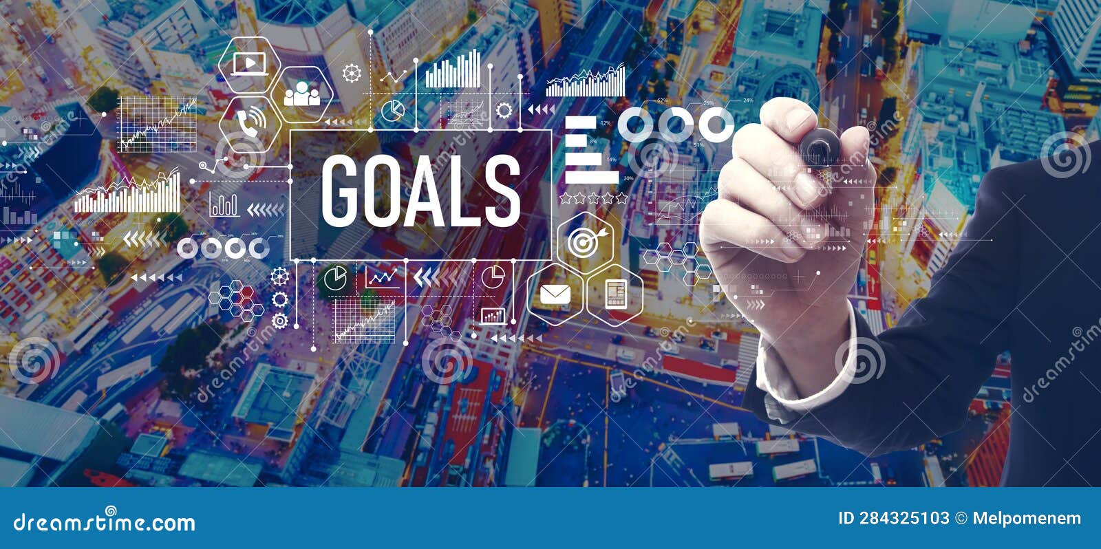 Goal Theme with Businessman in City at Night Stock Image - Image of ...