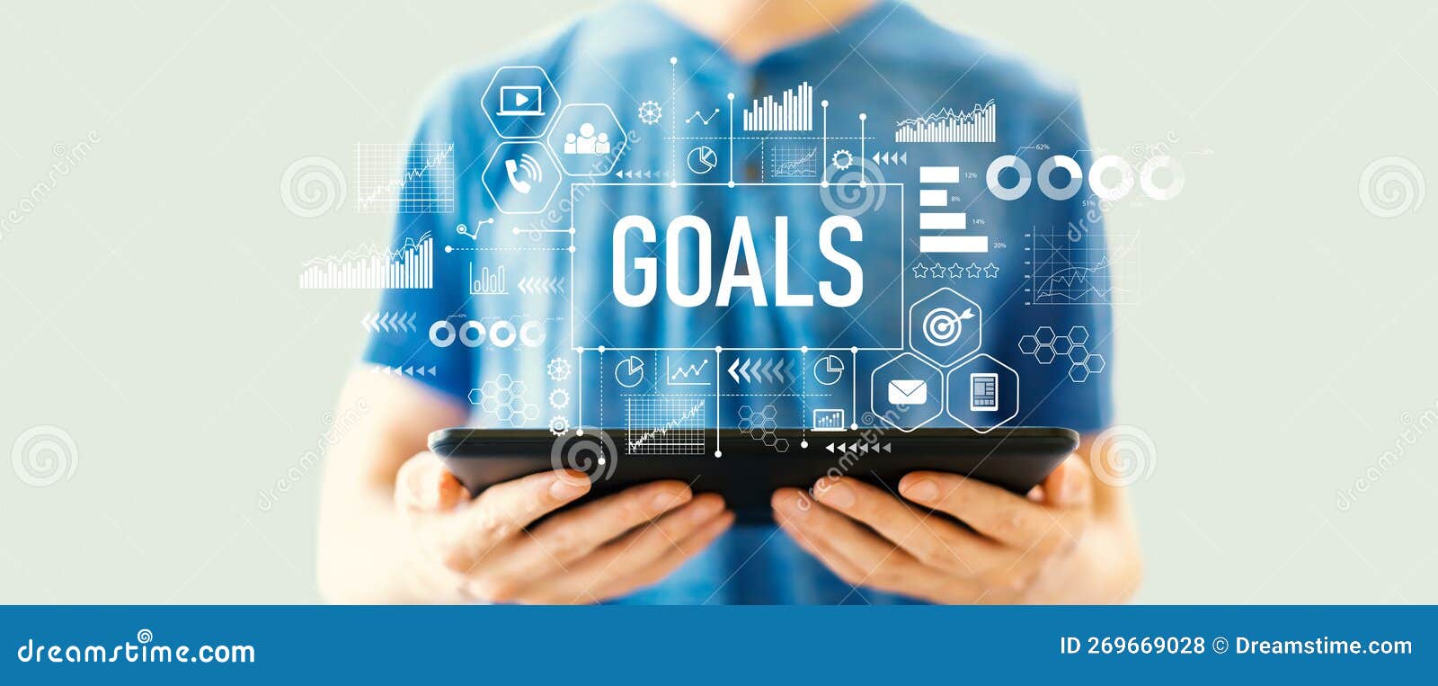 Goal Theme with Man Using a Tablet Stock Photo - Image of vision, blue ...