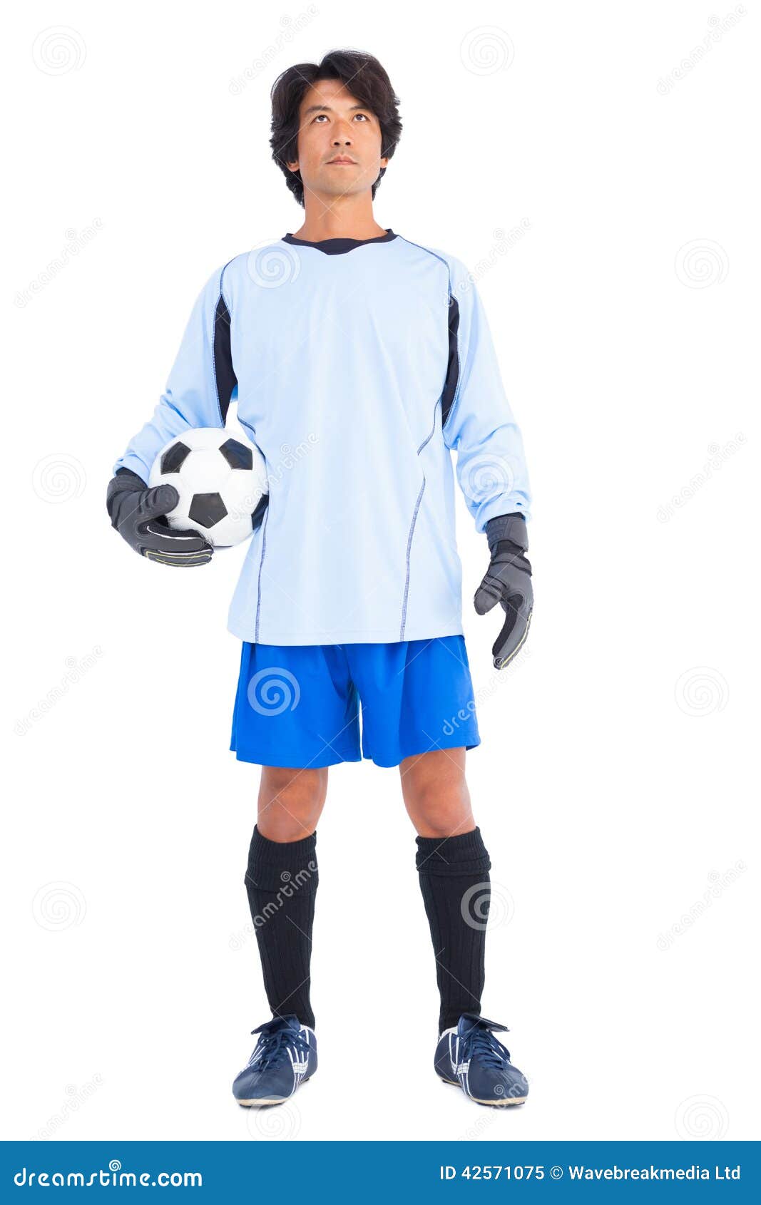 Goalkeeper in Blue Holding Ball Stock Image - Image of gear, person ...