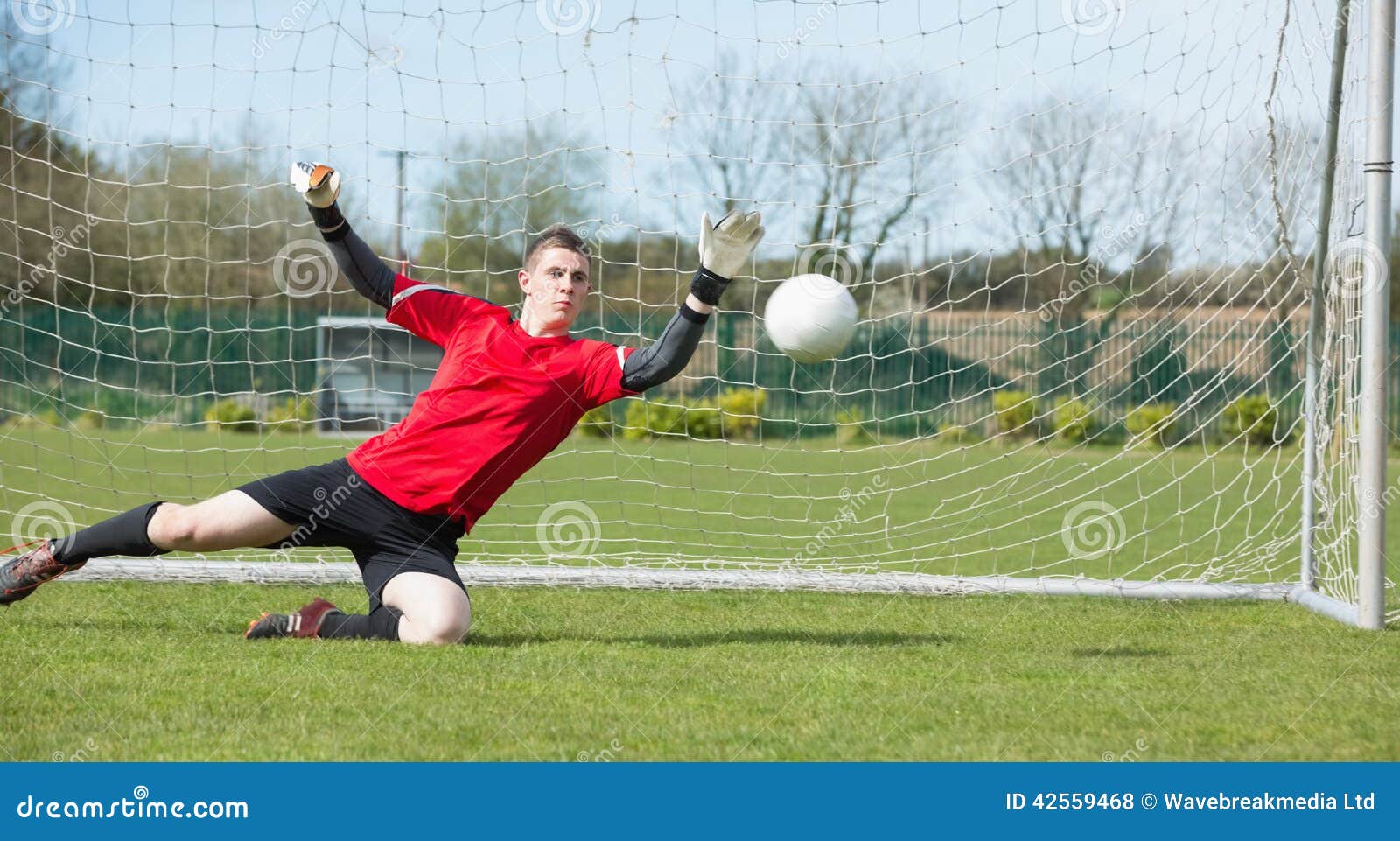 Goalkeeper in Red Ready To Make a Save Stock Photo - Image of male ...