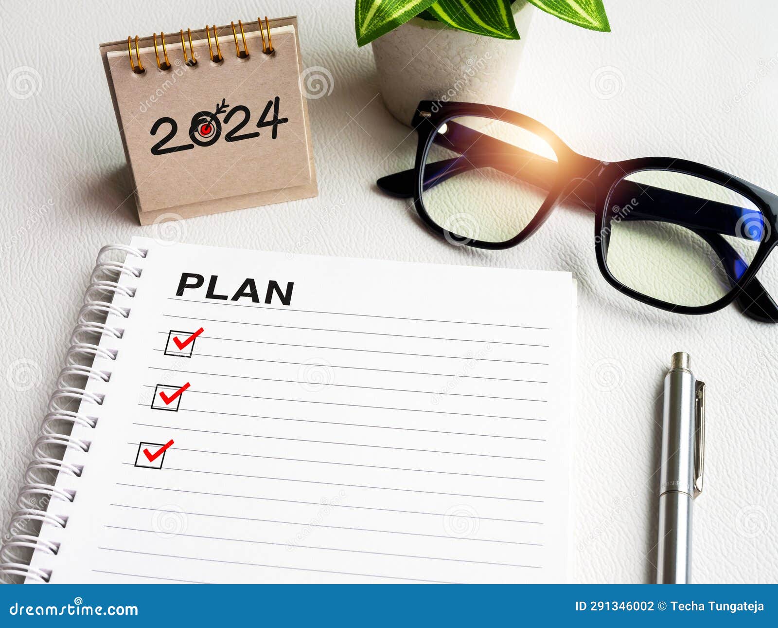 Words, "PLAN" and Red Check Mark in Checkbox List on Mockup Empty White ...