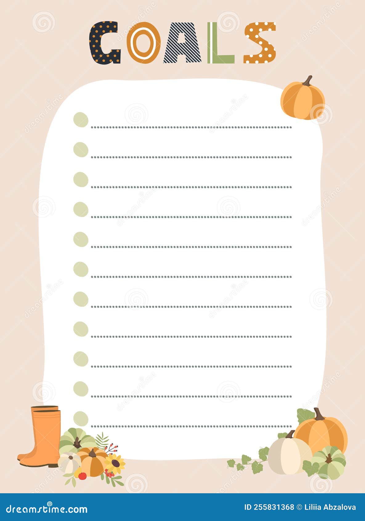 Goals Check List. Vector Illustration with Autumn Elements for Planner ...
