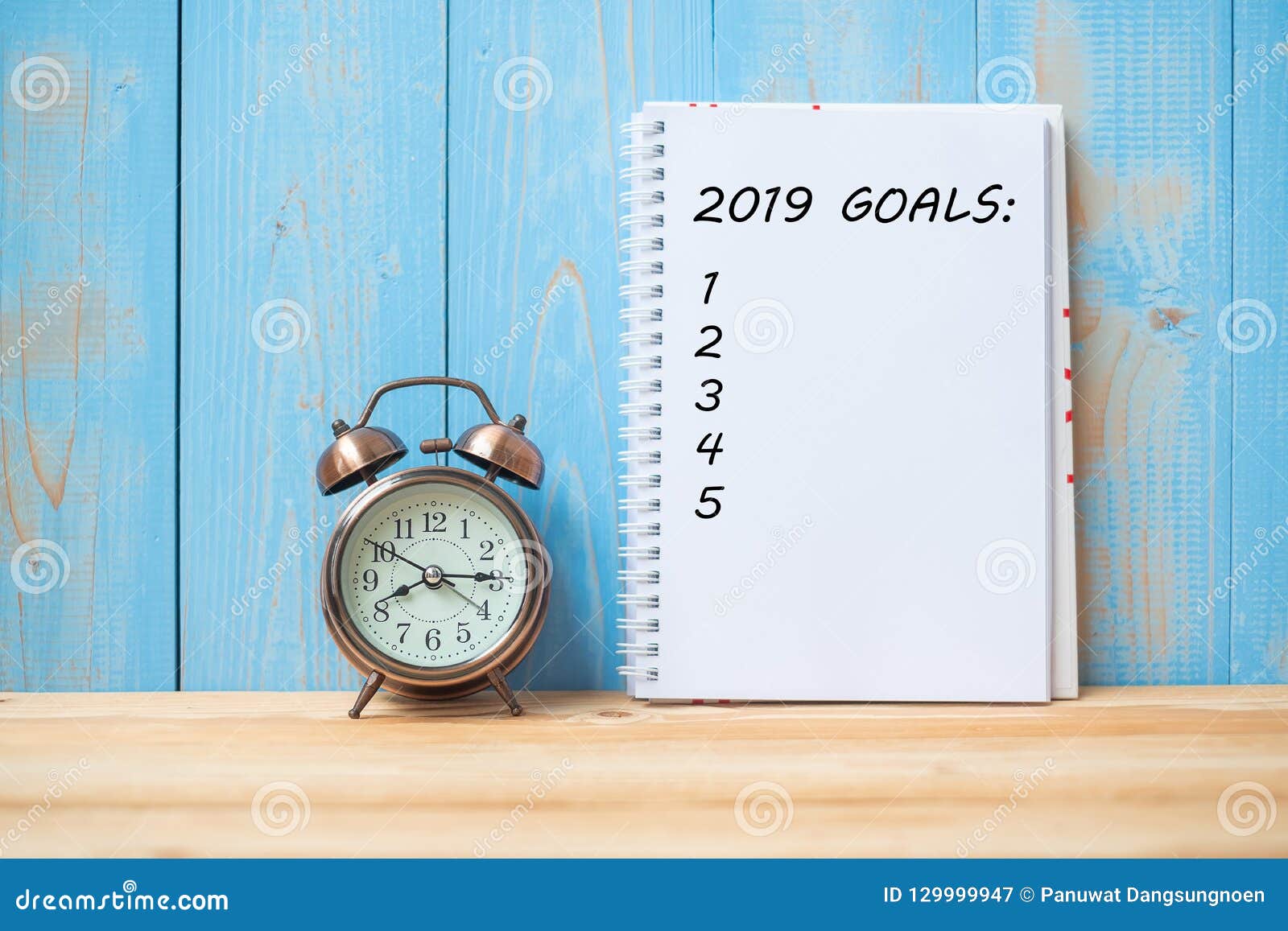 2019 Goals Text on Notebook and Retro Alarm Clock on Table and Copy ...