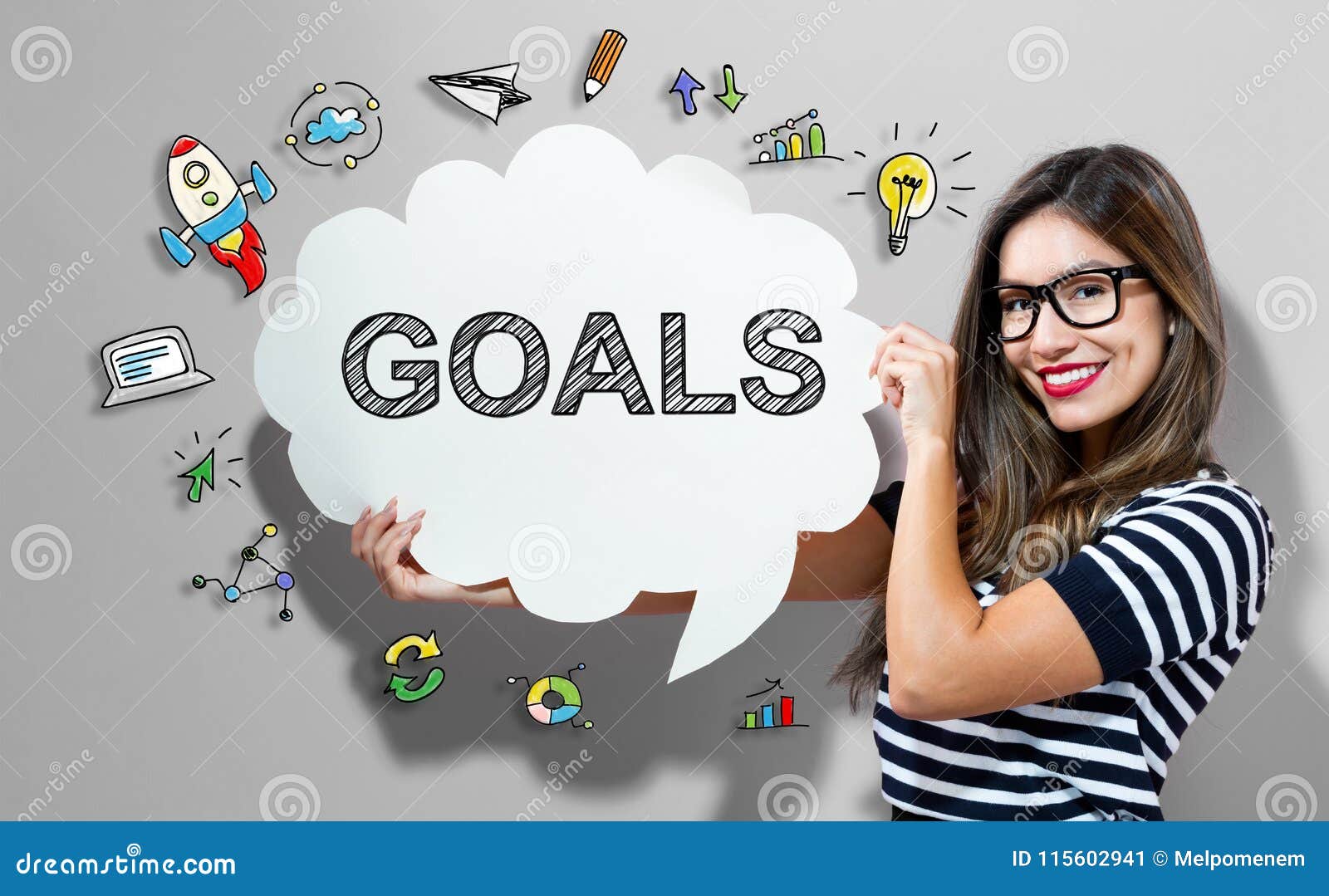 Goals Text with Woman Holding a Speech Bubble Stock Image - Image of ...