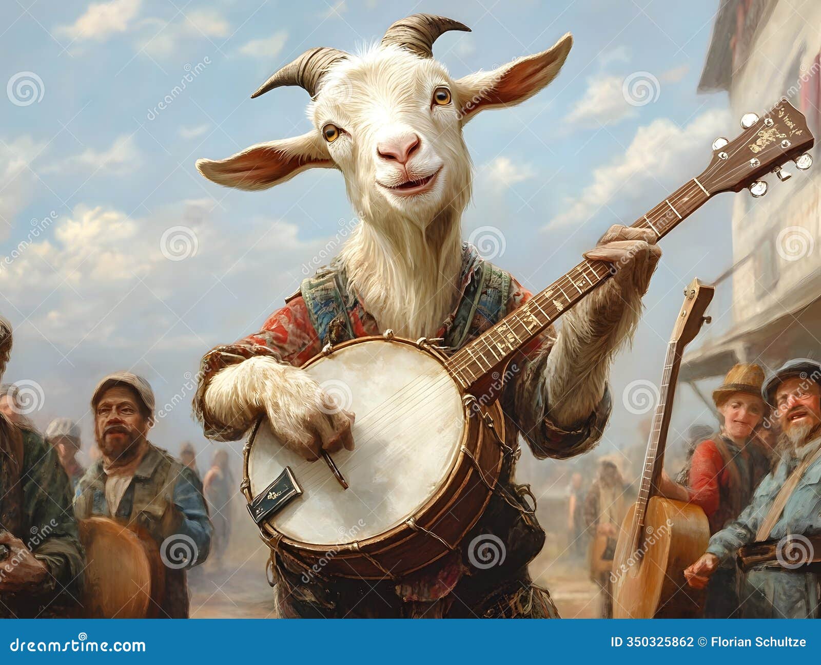 A Goat with a Banjo Playing in Front of People Stock Illustration ...
