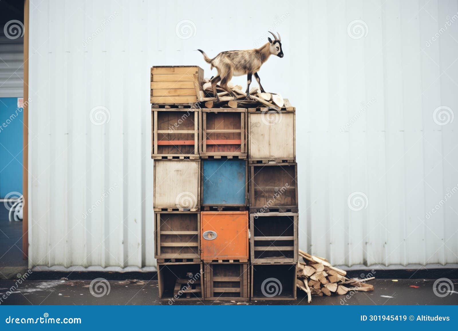 Goat Climbing on a Stacked Crate Pile Stock Image - Image of antics ...