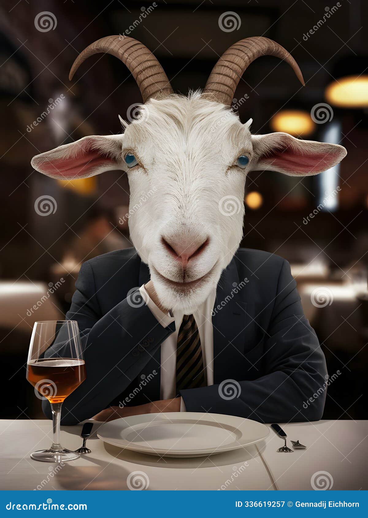 : a Goat, Dressed in a Suit, Sits at a Restaurant Table with a Formal ...