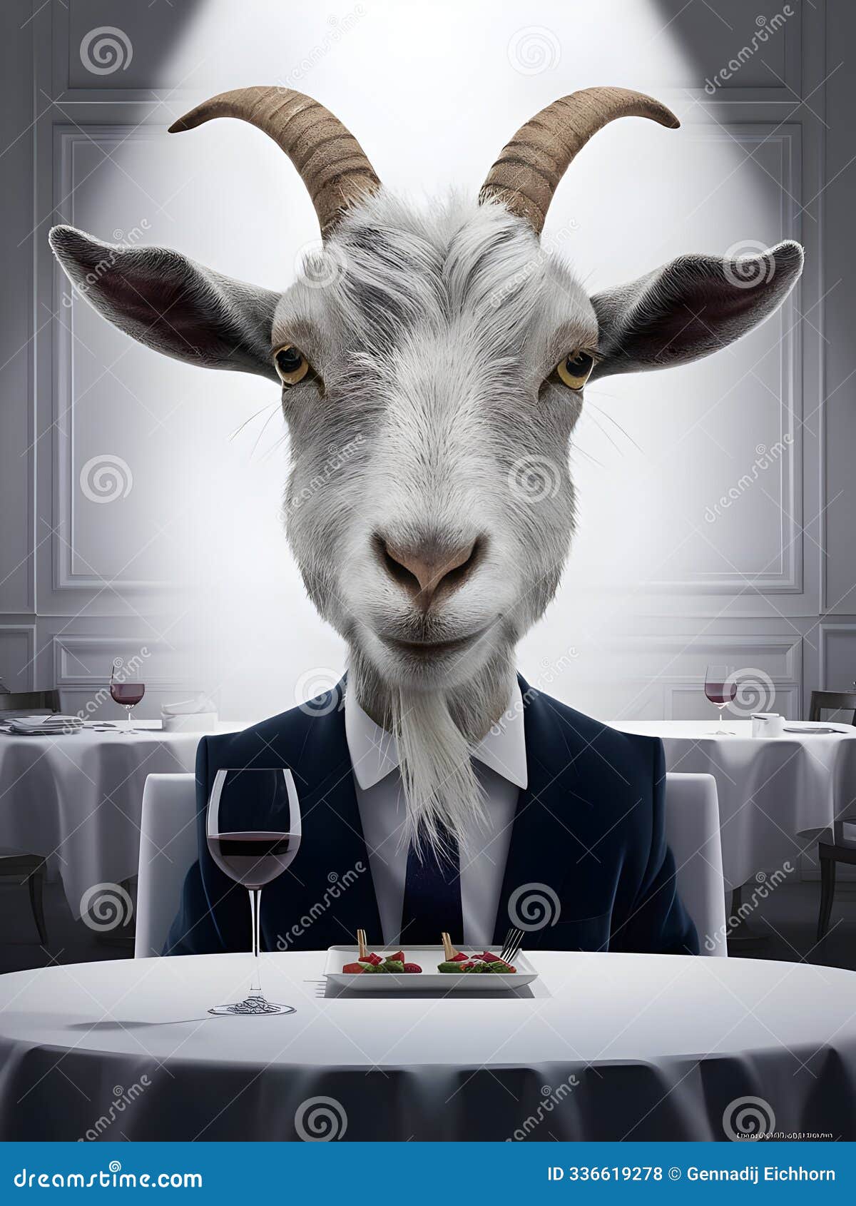 : a Goat, Dressed in a Suit, Sits at a Restaurant Table with a Formal ...