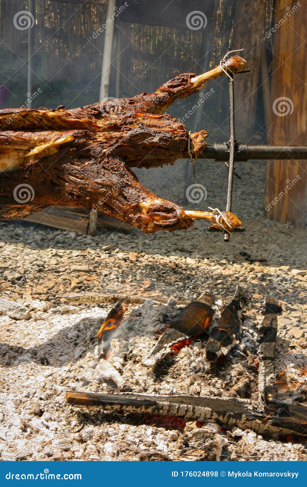 Goat is fried on a spit stock photo. Image of coal, delicious - 176024898