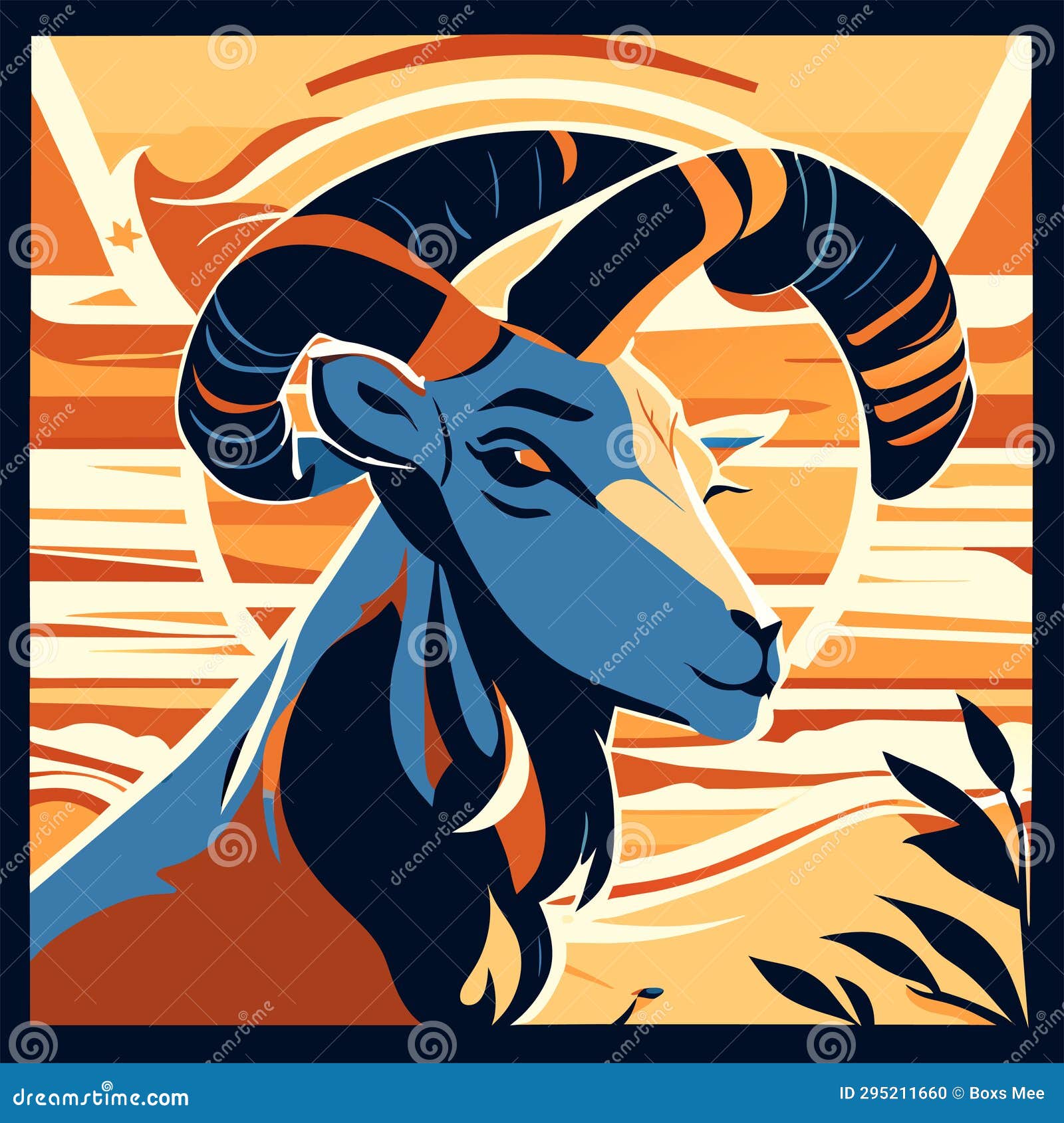 Goat Head on Sunset Background. Vector Illustration in Flat Style Stock ...