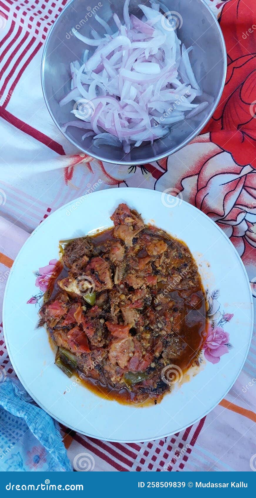 Goat Meat Handi with Onions Salad Mutton Stock Image - Image of onions ...