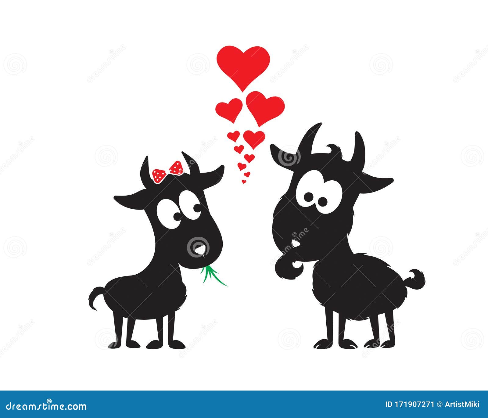 Two Cute Goats Silhouettes in Love and Red Hearts Illustration. Cartoon ...
